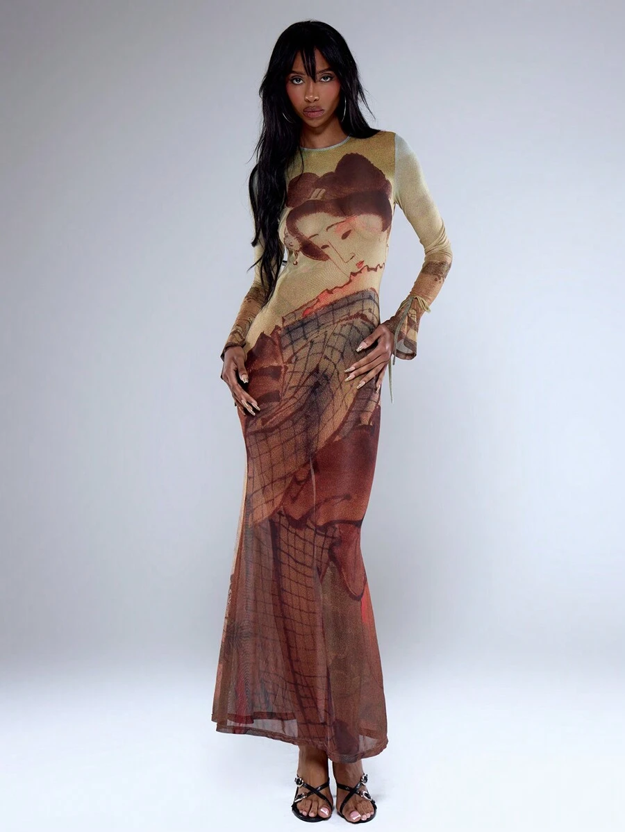 MUSERA Mesh Oriental Print Tie Sleeve Maxi Dress Spring Summer Party ...