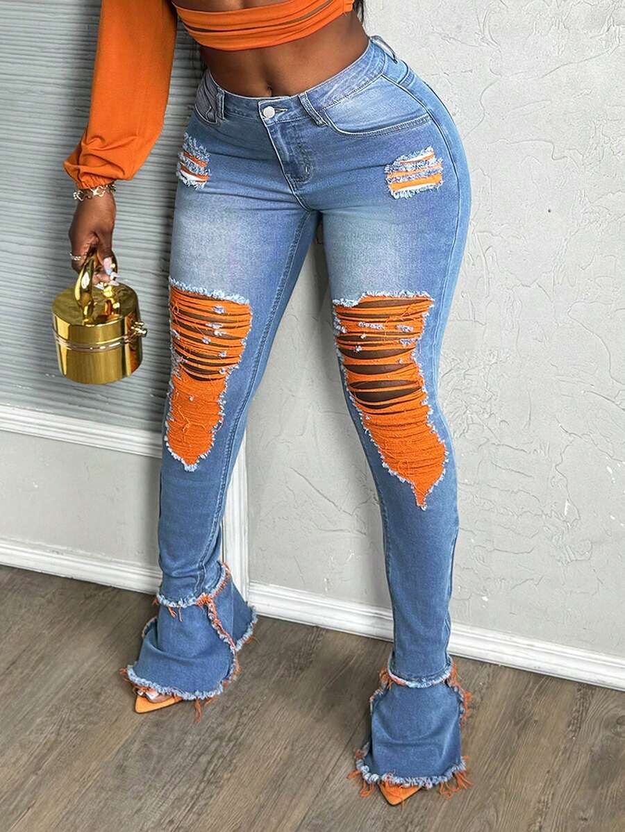 Slaydiva Women's Jeans Sexy Tight Elastic Ripped Flared Jeans Pants ...