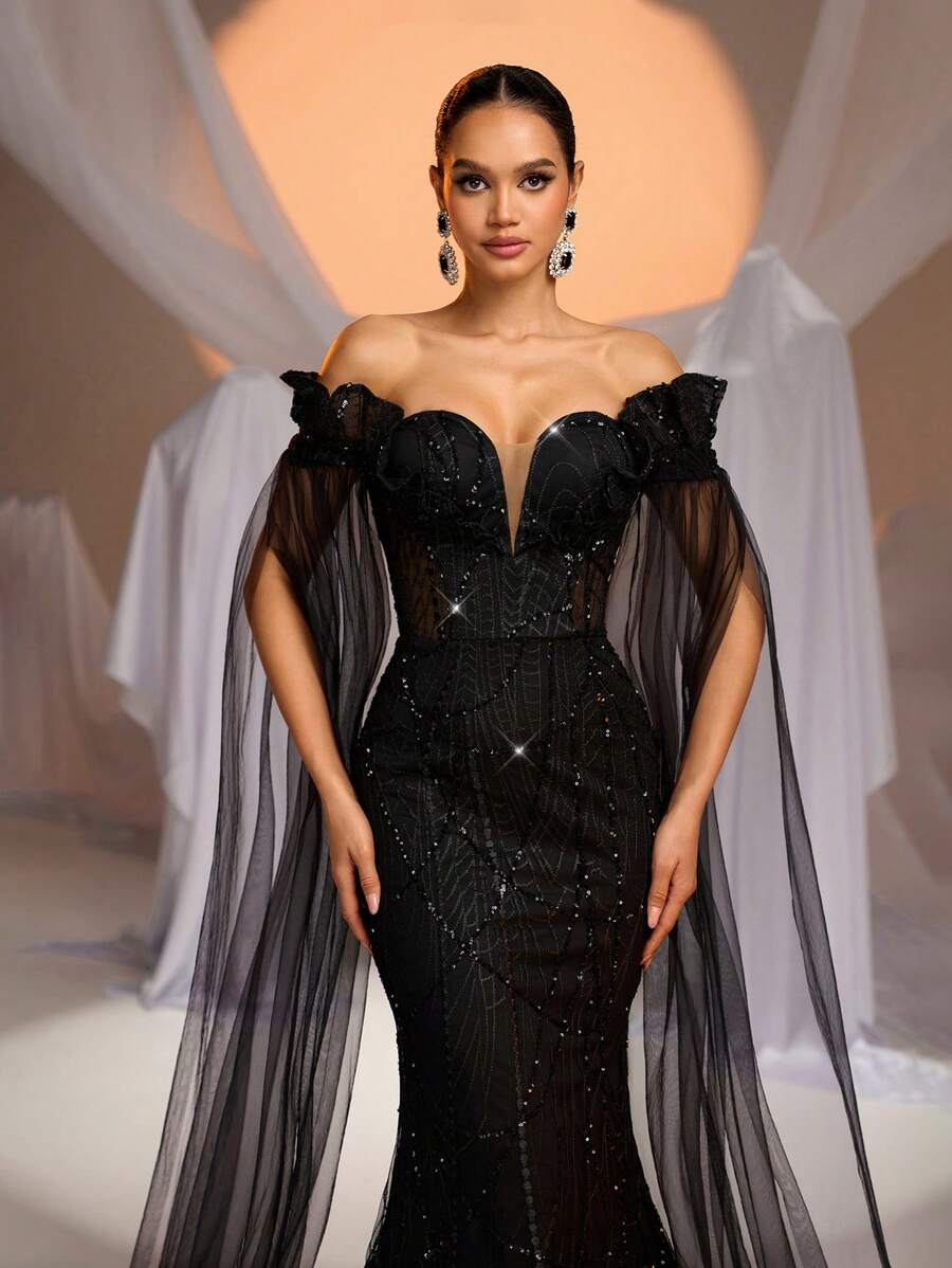 Glamrae Elegant Black Luxury Positioning Embroidered Sequins One-Shoulder Extra-Long Floating ...