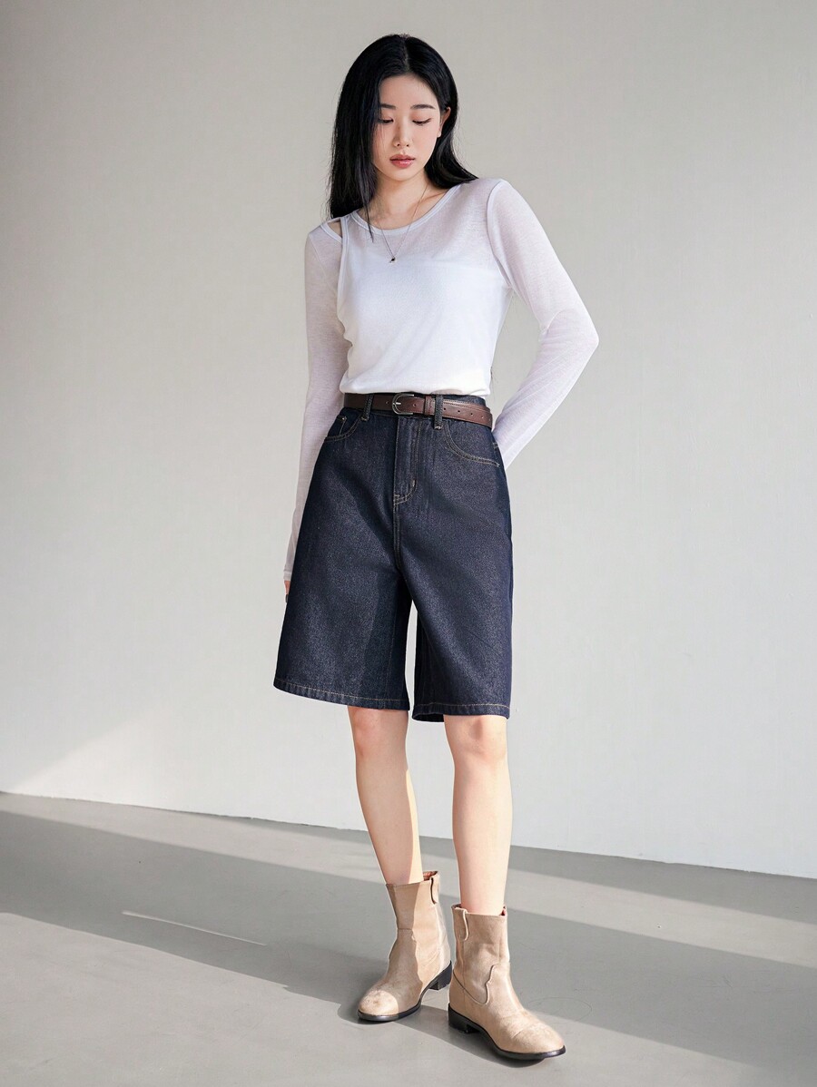 Dazy-Less شورت جينز مستقيم الساق ذو لون خام للنساء "Old Money" | شي إن