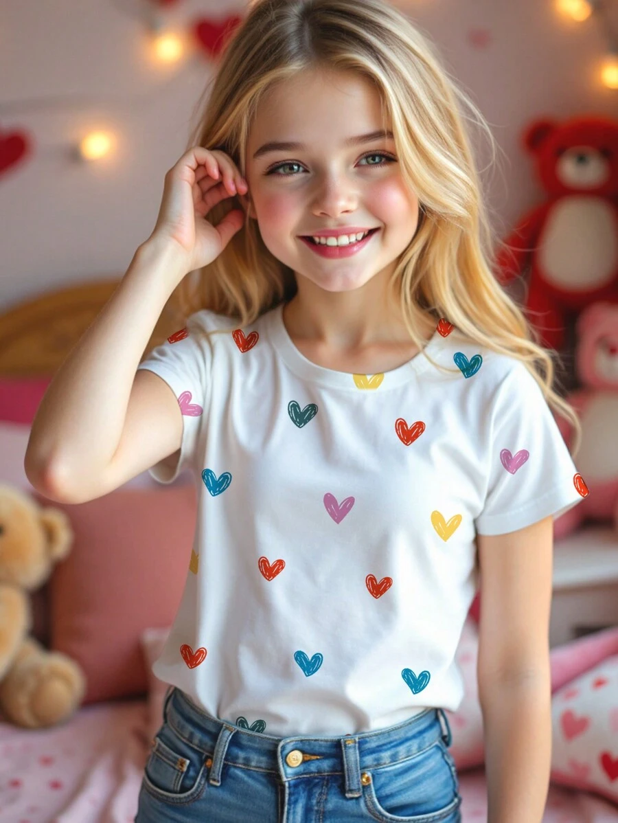 SHEIN Valentine's Day, Cute Hand-Painted Colorful Heart Print, Tween ...