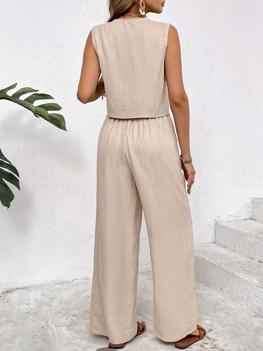 SHEIN Frenchy 2pcs/Set Women Solid Linen Texture Front Button ...