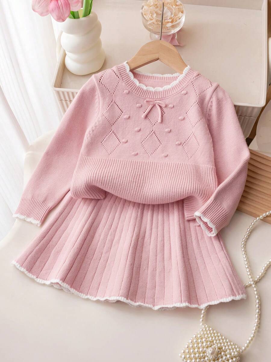 SHEIN 2-Pc Young Girls' Winter Knit Set, Cute Bow Sweater And Pleated ...