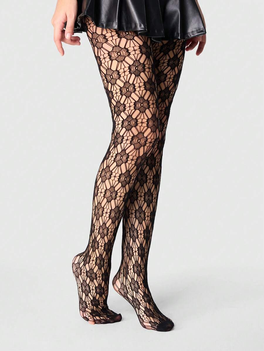 ROMWE Goth 1 Pair Women Black Daisy Embroidery Hollow Out Fishnet Stockings, All Season for Sale ...