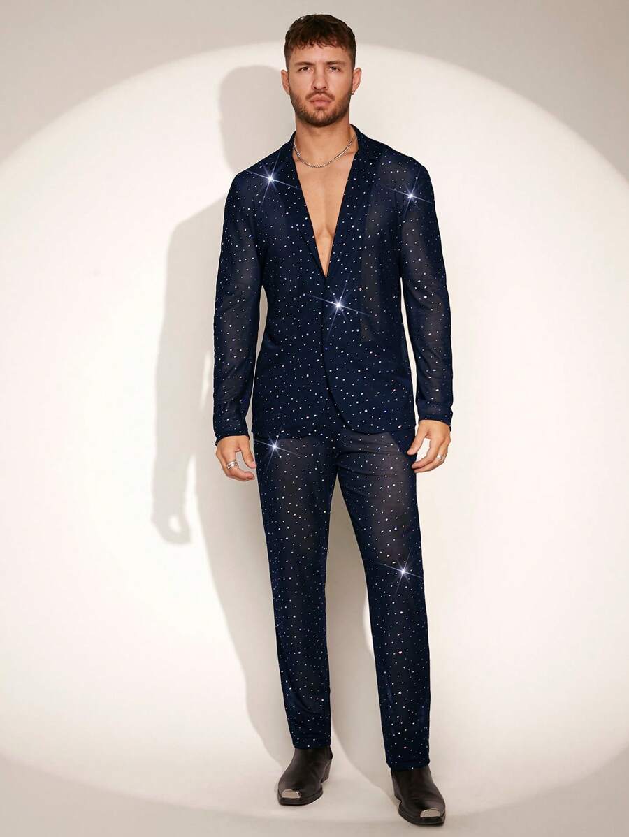 FeverCity Men's Rhinestone Decor Mesh Fabric Long Sleeve Jacket And ...