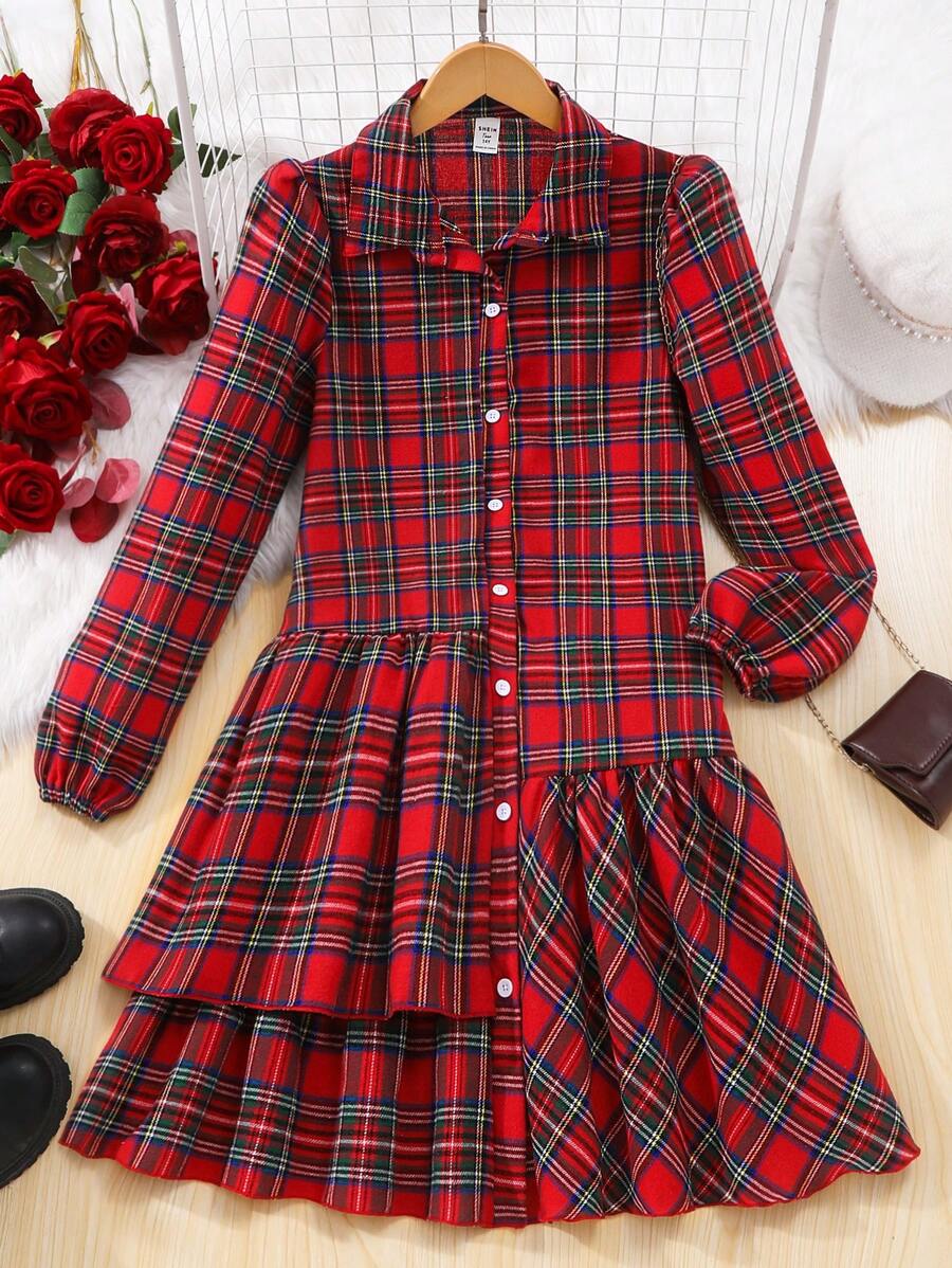 Plaid Asymmetric Splice Collar Dress For Teenage Girls | SHEIN USA