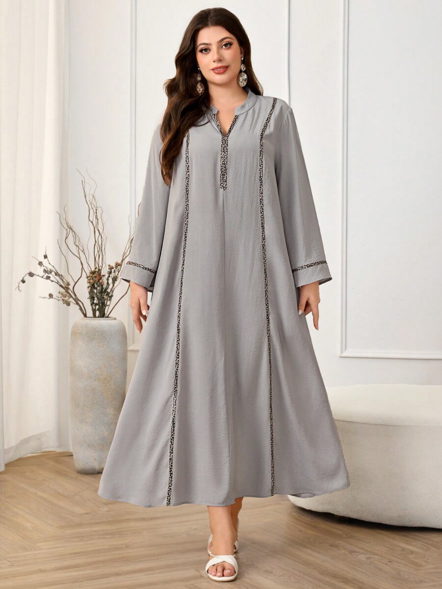 SHEIN Najma Plus Size Women's Splice Ribbon Trim Loose Long Sleeve ...