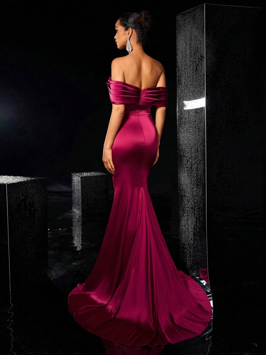 Glamrae Elegant Purple Satin Bowknot Off Shoulder Luxurious Crystal ...