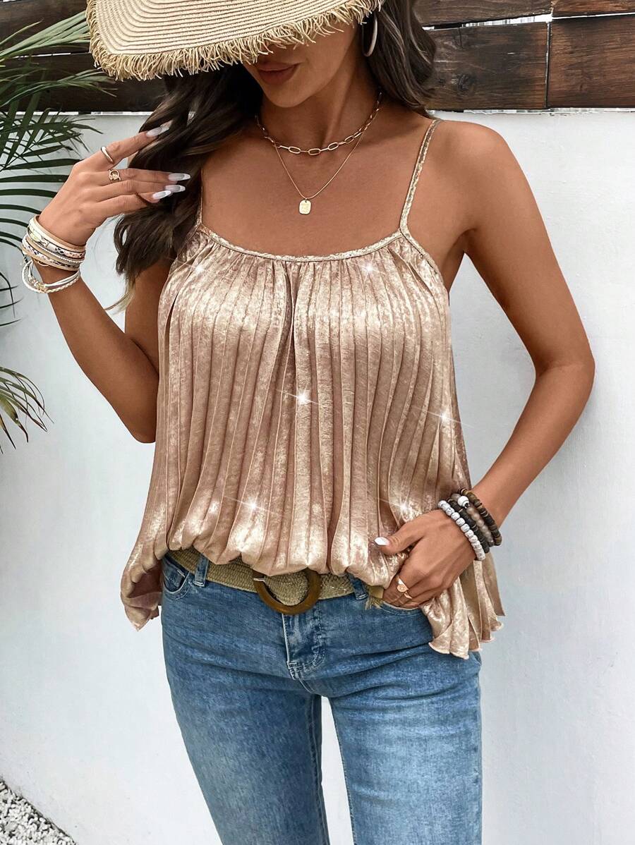 SHEIN Clasi Women's Delicate Pleated Metal Foil Fabric Camisole | SHEIN USA