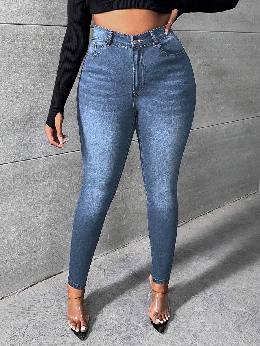 SHEIN SXY Plus Size Women's Casual Denim Cropped Roll Up Hem Skinny Jeans, Minimalist & Stylish ...