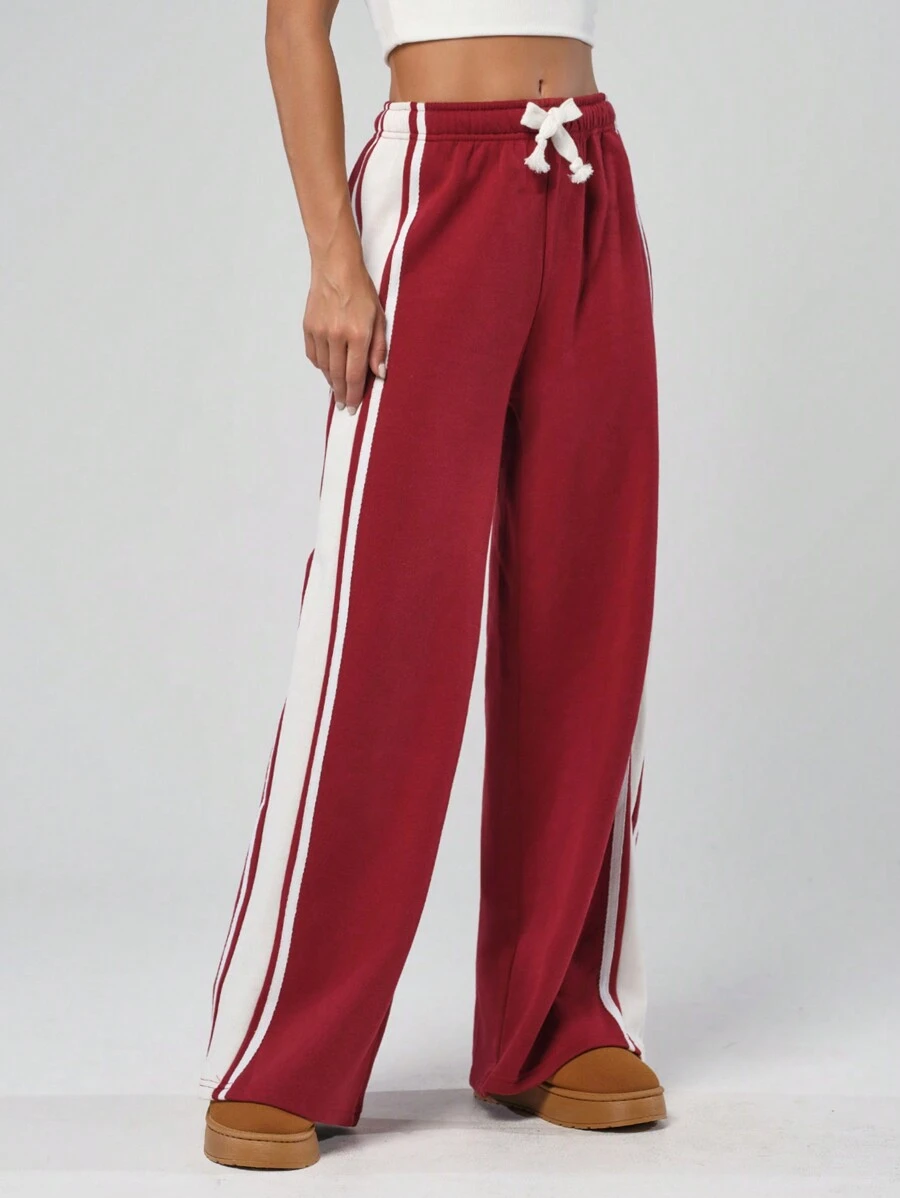 SHEIN Women Piping Detailed Loose Fit Wide Leg Burgundy Cherry Color ...