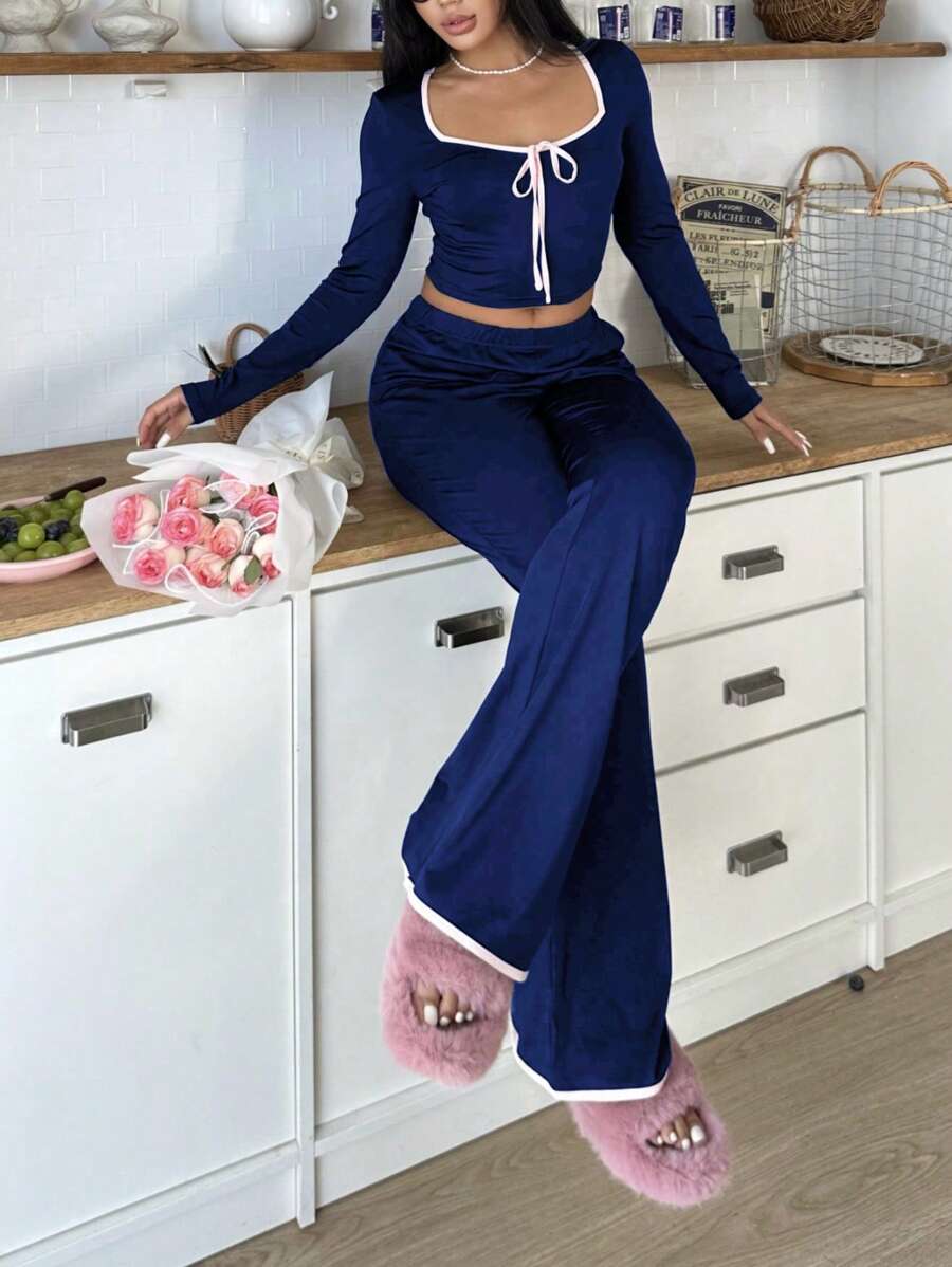 SweetSlumber Women Contrast Color Splice Long Sleeve Simple Blouse And ...