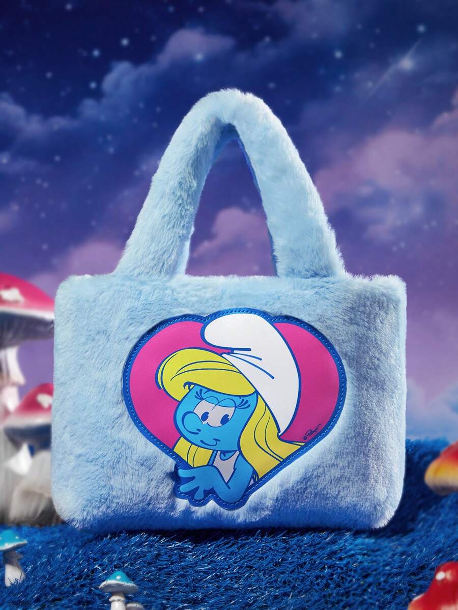 SHEIN X The Smurfs Cute Cartoon Heart Embroidery Plush Hand Carry Bag ...