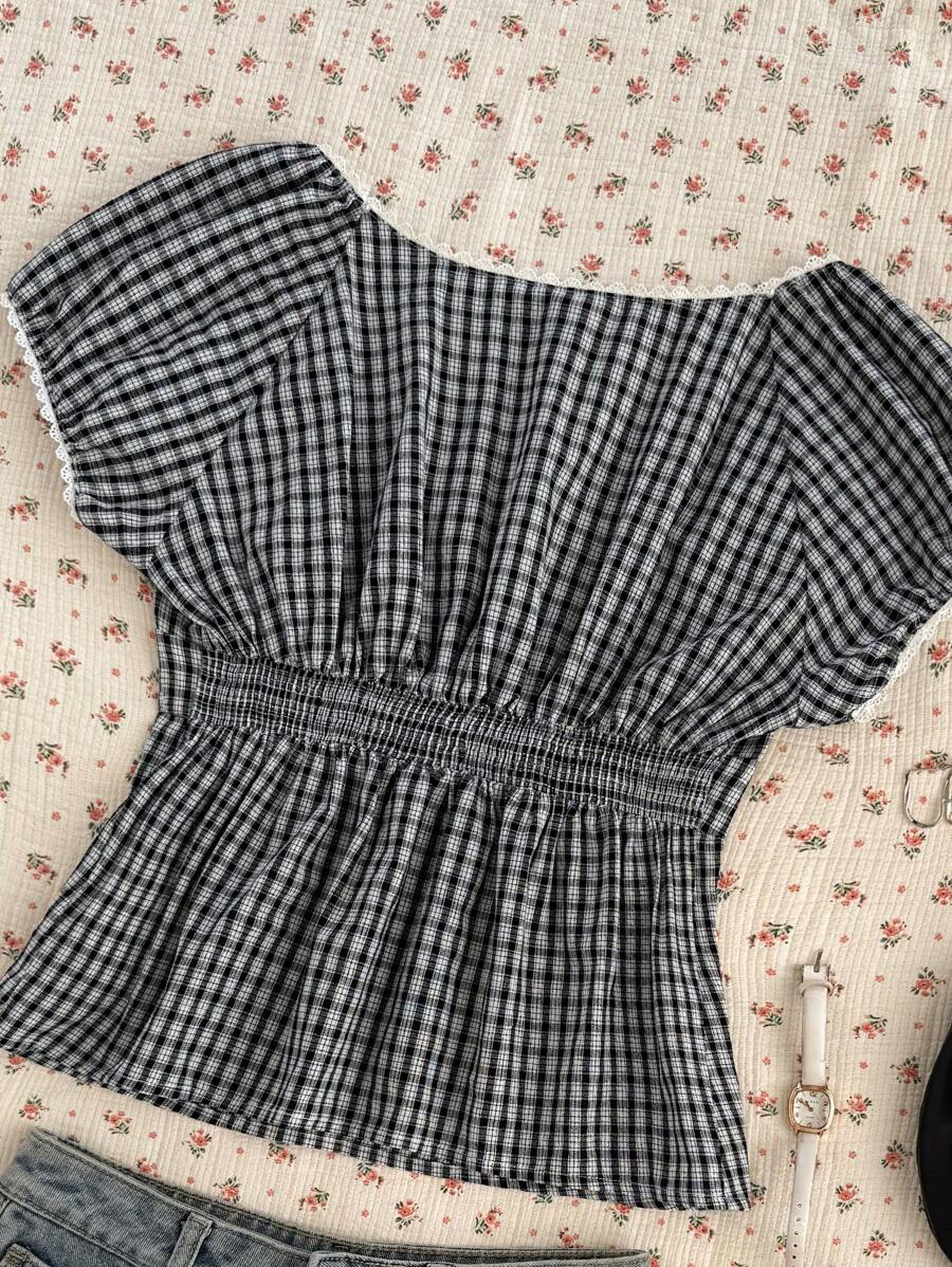 SHEIN CovetEZ Women's Black & White Checkered Woven Shirt With ...