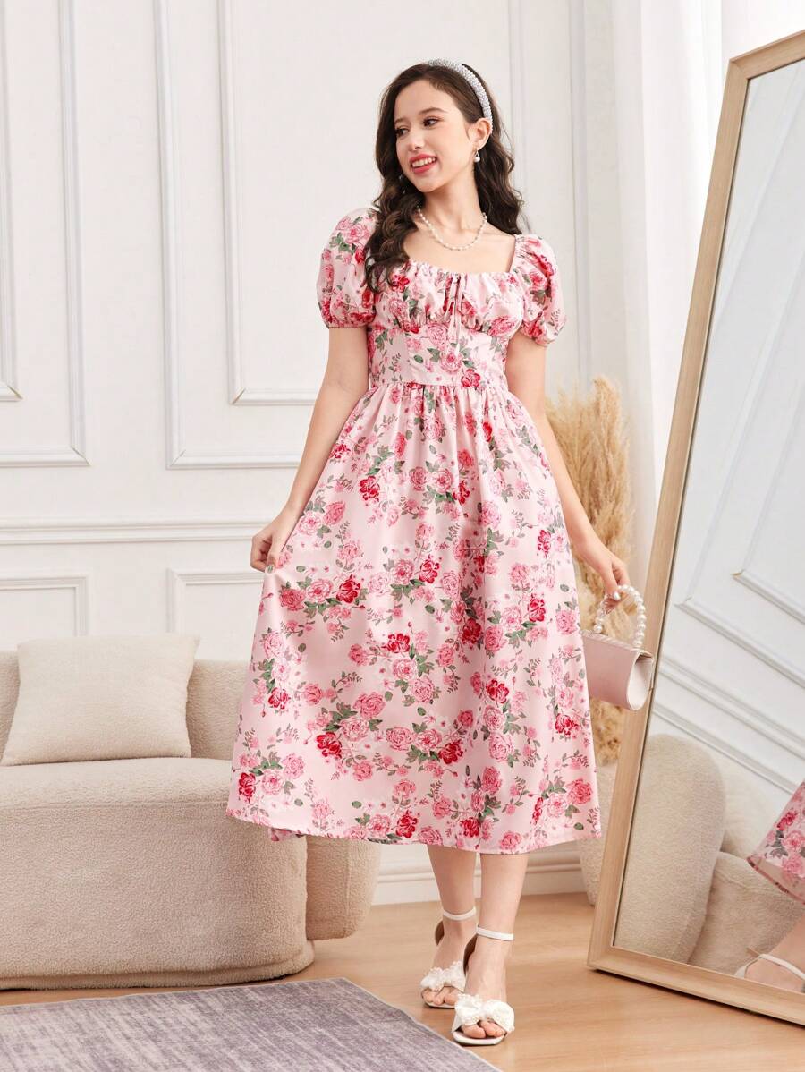 Teen Girls' Ditsy Floral Cinched Waist A-line Dress With Puff Sleeves