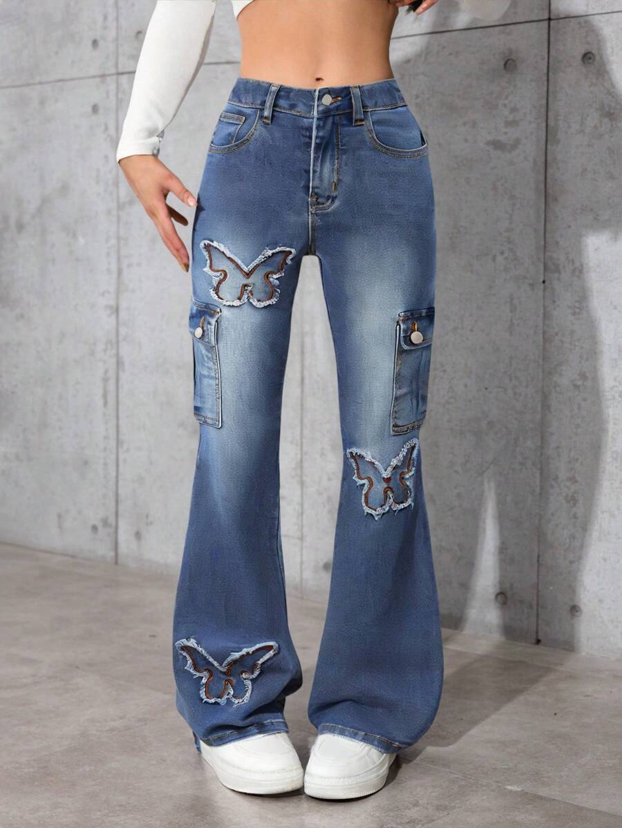 SHEIN Tween Girls' Y2K Casual Frayed Star Butterfly Pattern Denim Flare Leg Cargo Jeans,Tween ...