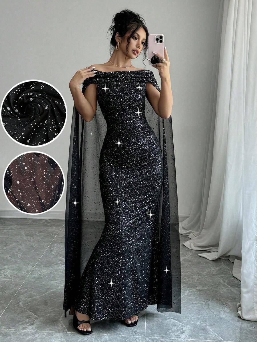 Rafferiza Elegant Off-Shoulder Sparkly Cape Evening Dress Maxi Women ...
