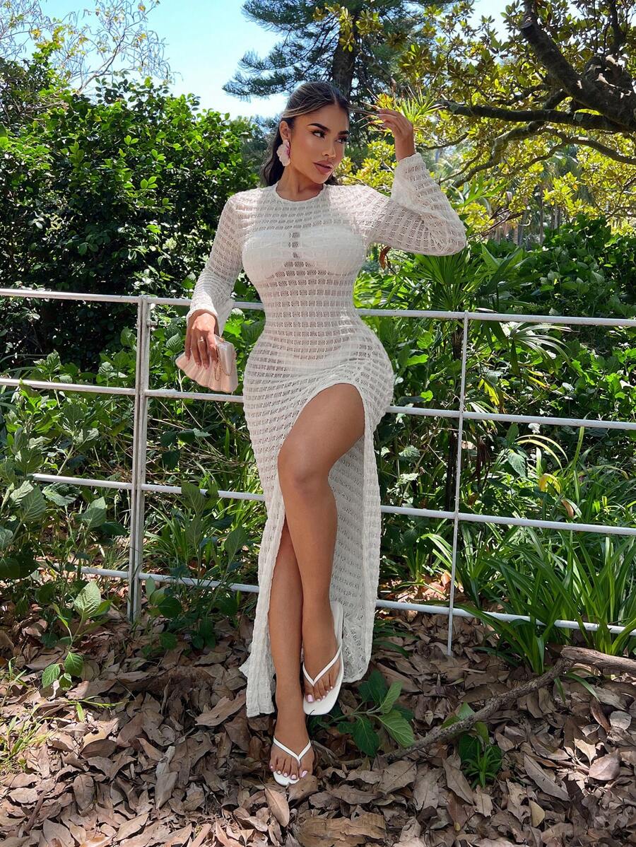 SHEIN SXY Sexy See-Through Slit Bell Sleeve White Dress, Early Spring ...