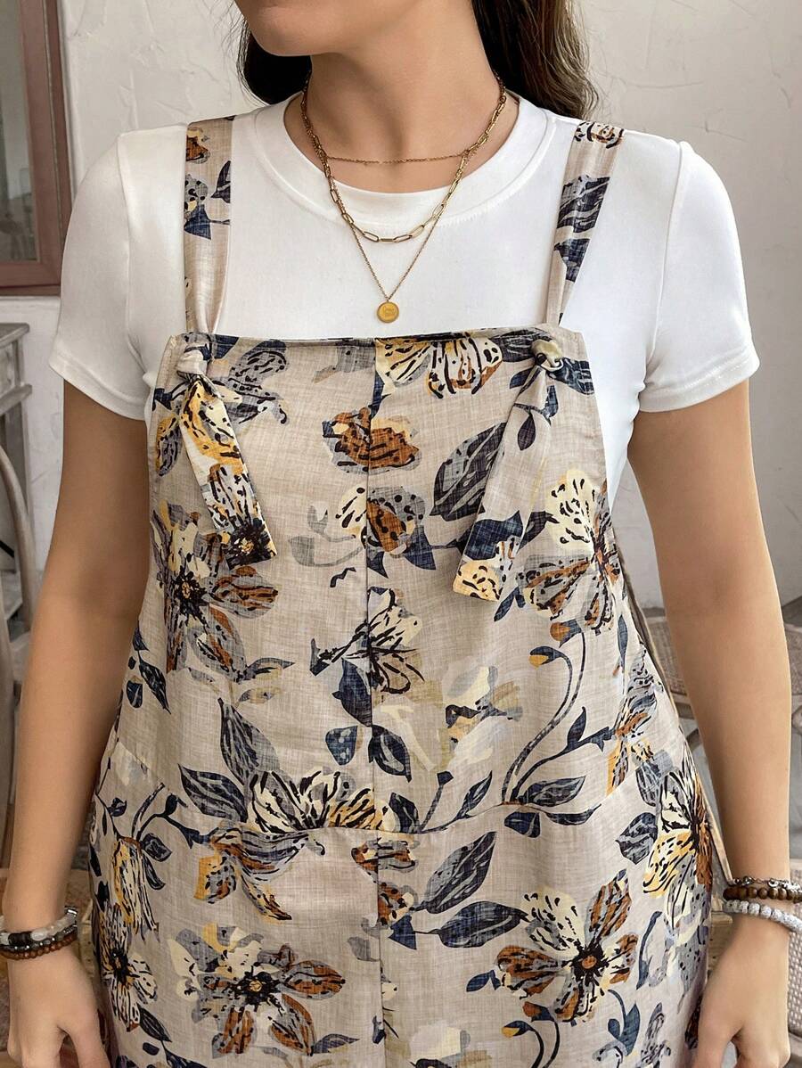 SHEIN LUNE Jardineira Floral com Bolso e Perna Larga para Mulheres Plus ...