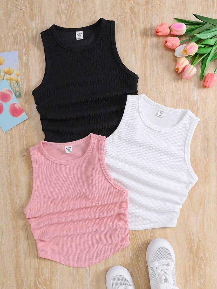 SHEIN Teen Girl 3pcs Knitted Solid Color Asymmetrical Hem Tank Top Set ...