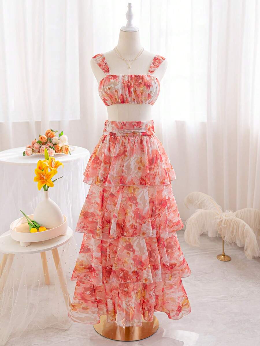 SHEIN Dreamara 2 Peças Conjunto de Vestido Romântico Floral de Mulher ...