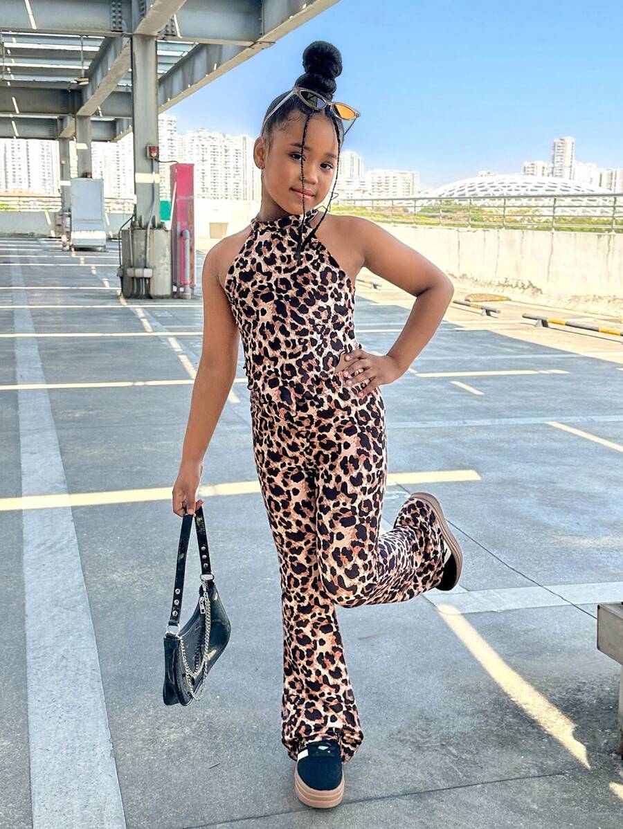 SHEIN Tween Girls Knitted Halter Leopard Print Tank Top And Flared ...