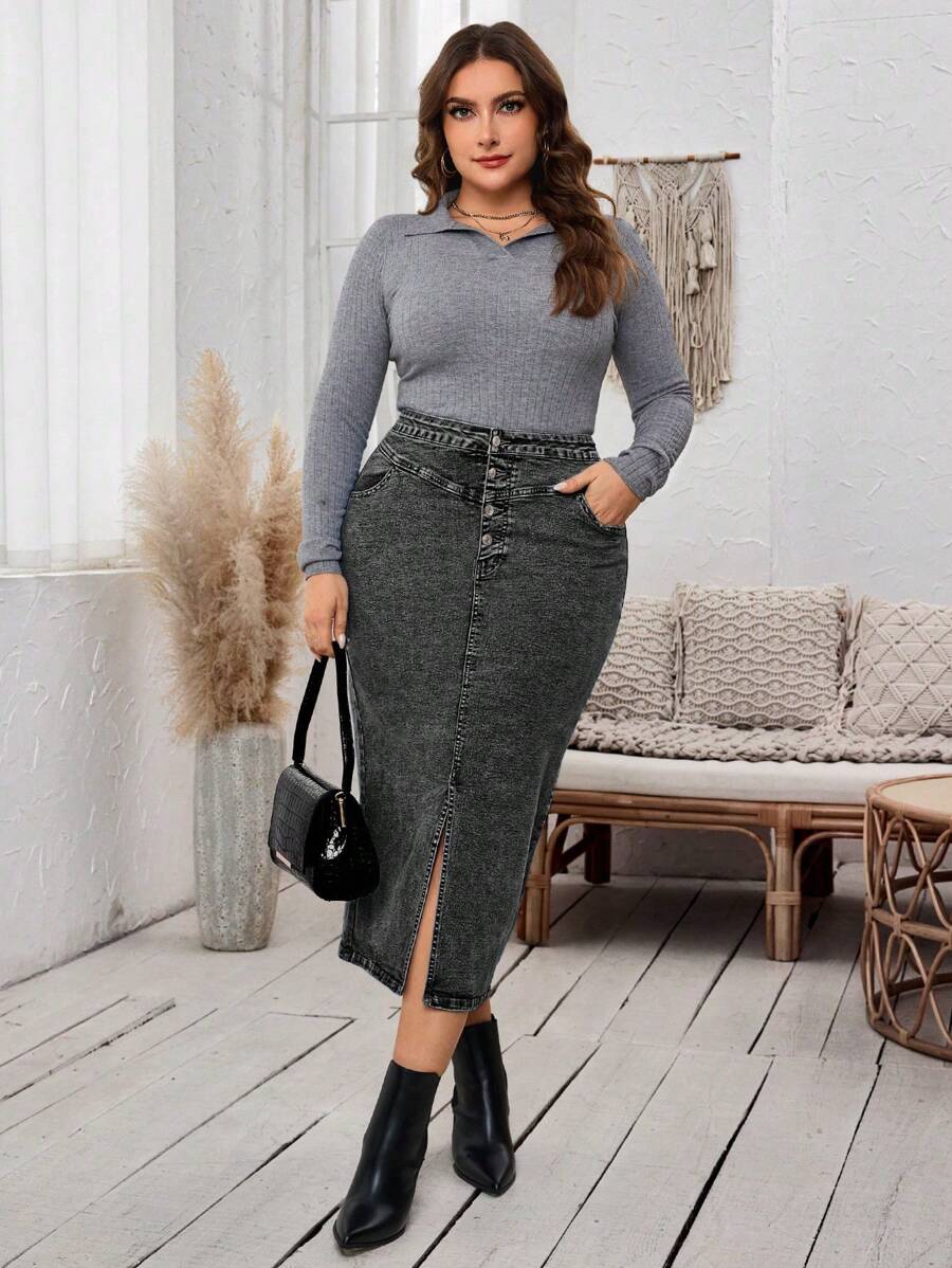 SHEIN LUNE Casual Simple Plain Color Denim Skirt, Daily Wear | SHEIN USA