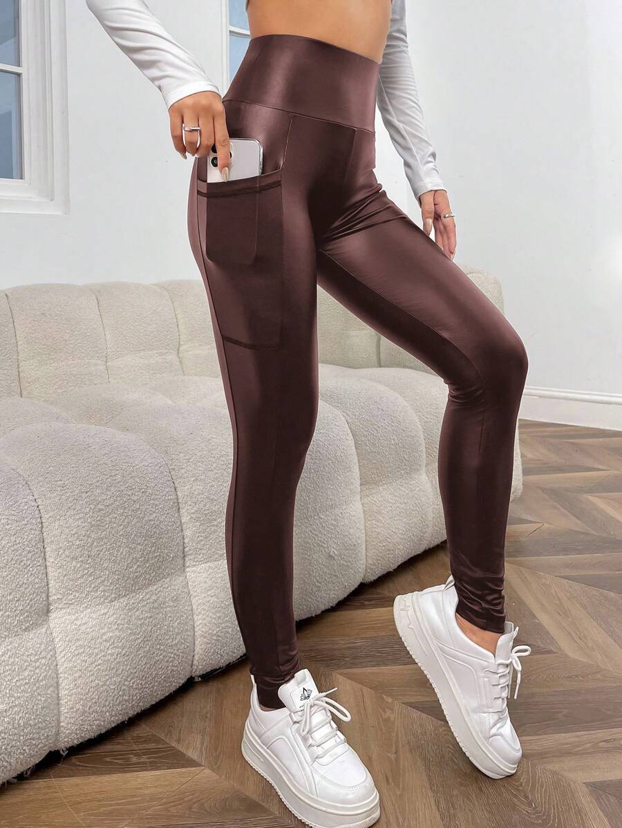 SHEIN Essnce Pantalones casuales de PU de talle alto con bolsillos, de ...