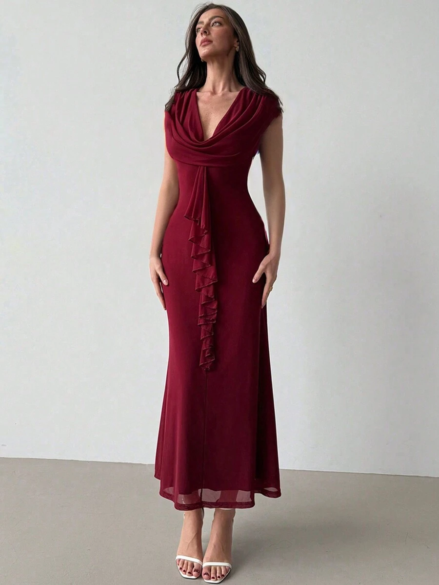 Aloruh Women's Plain Color Plunge Neck Ruffle Trim Sleeveless Burgundy ...