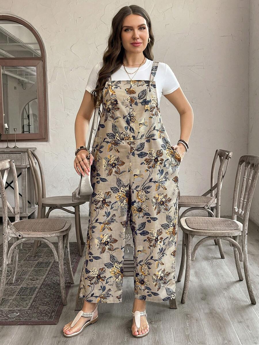 SHEIN LUNE Jardineira Floral com Bolso e Perna Larga para Mulheres Plus ...