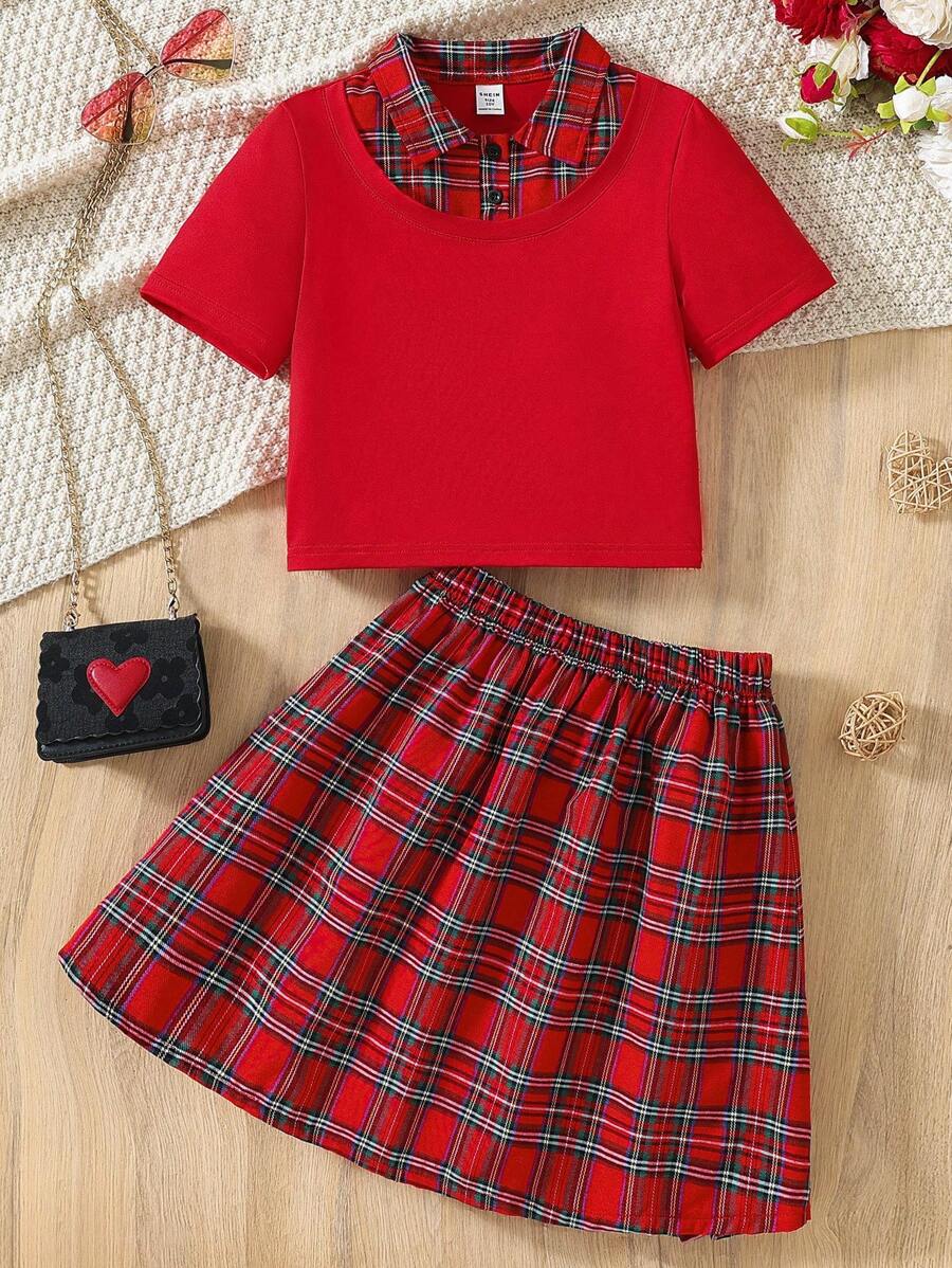 Tween Girls Classic Red Plaid Pleated Skirt And Collar Short Sleeve Top ...