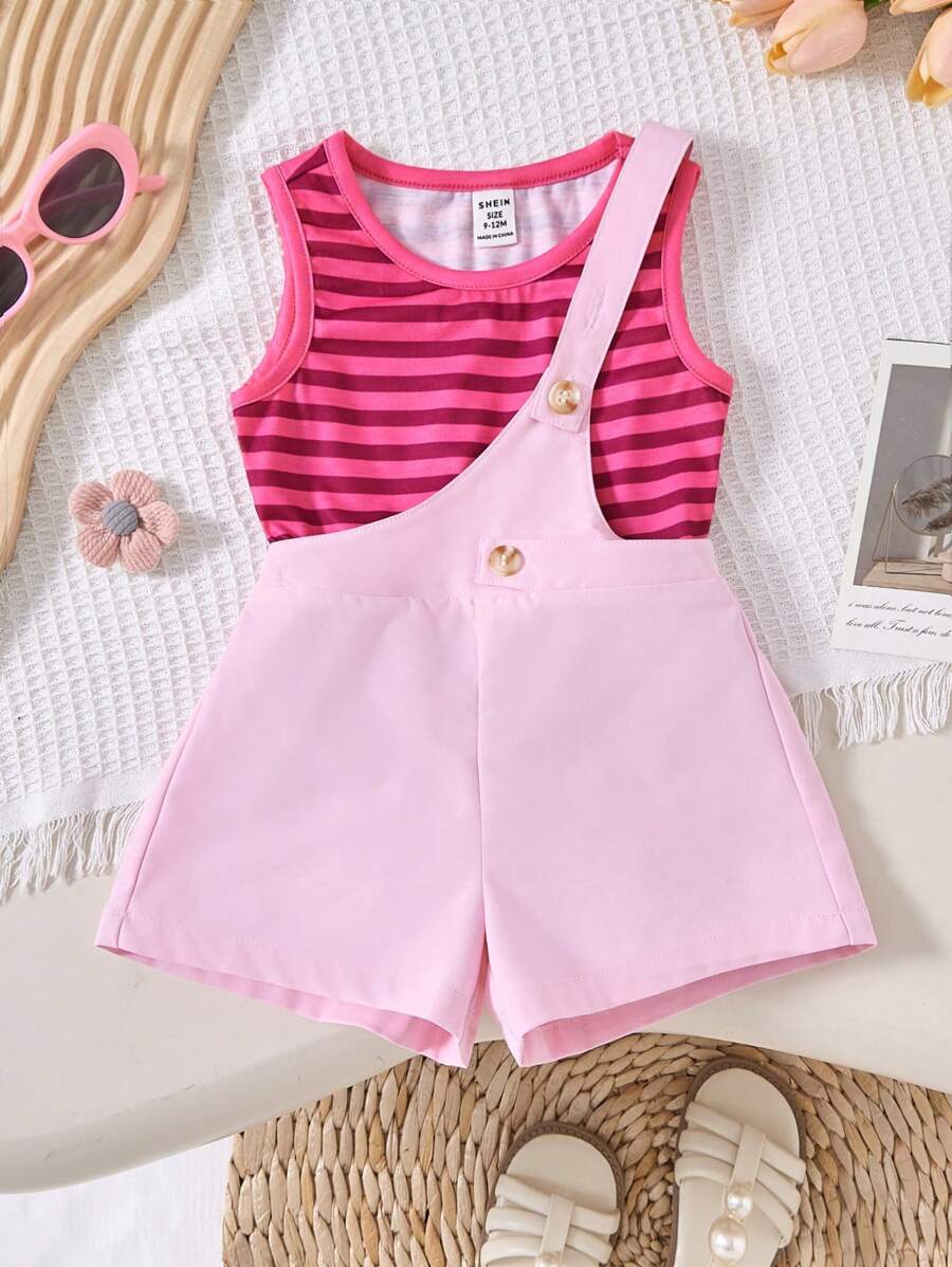 SHEIN Conjunto de 2 Peças Top com Manga Curta e Shorts Babador Rosa ...