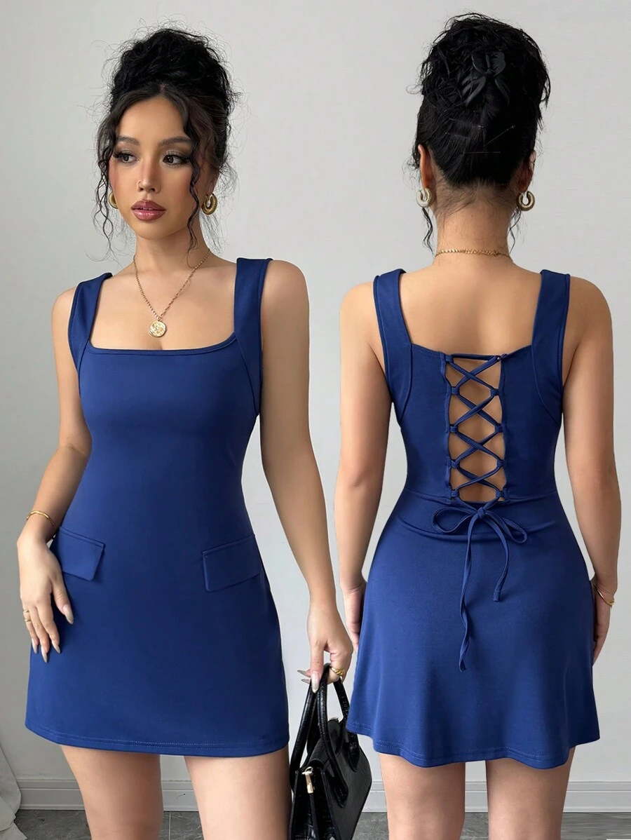 INAWLY Women Summer Elegant Tie-Front A-Line Mini Blue Dress | SHEIN UK
