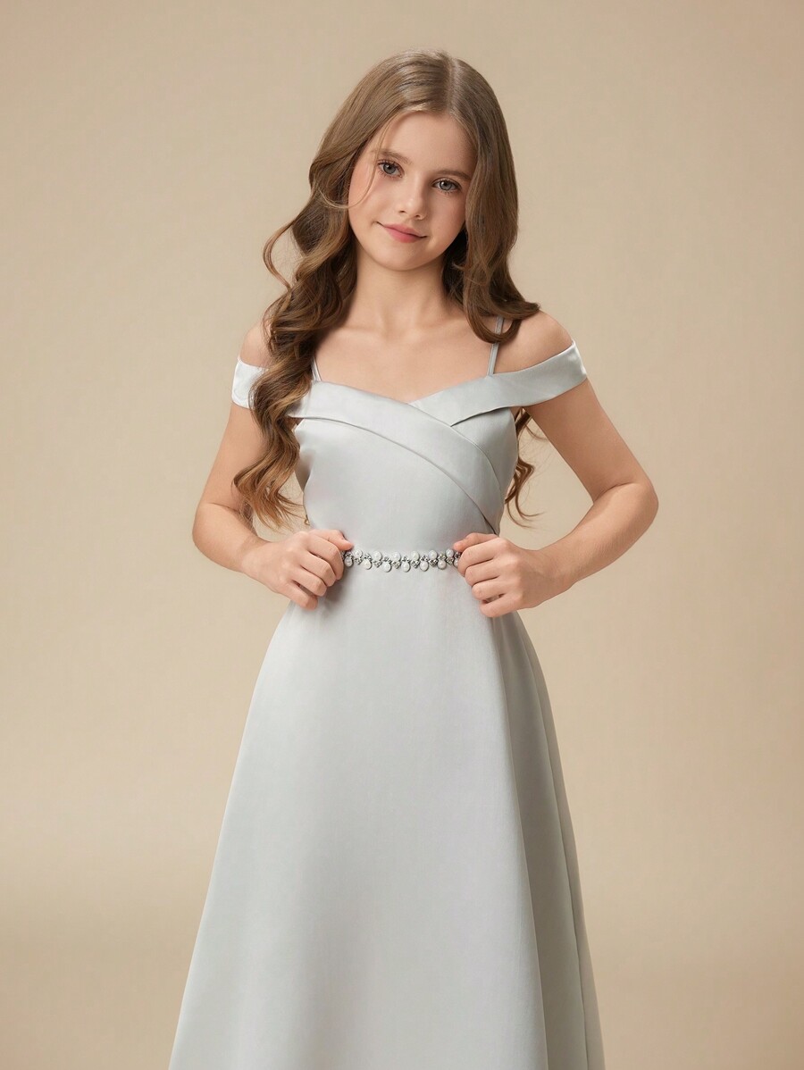 Tween Girl Off Shoulder Satin Beaded Dress, Elegant Sleeveless Formal ...