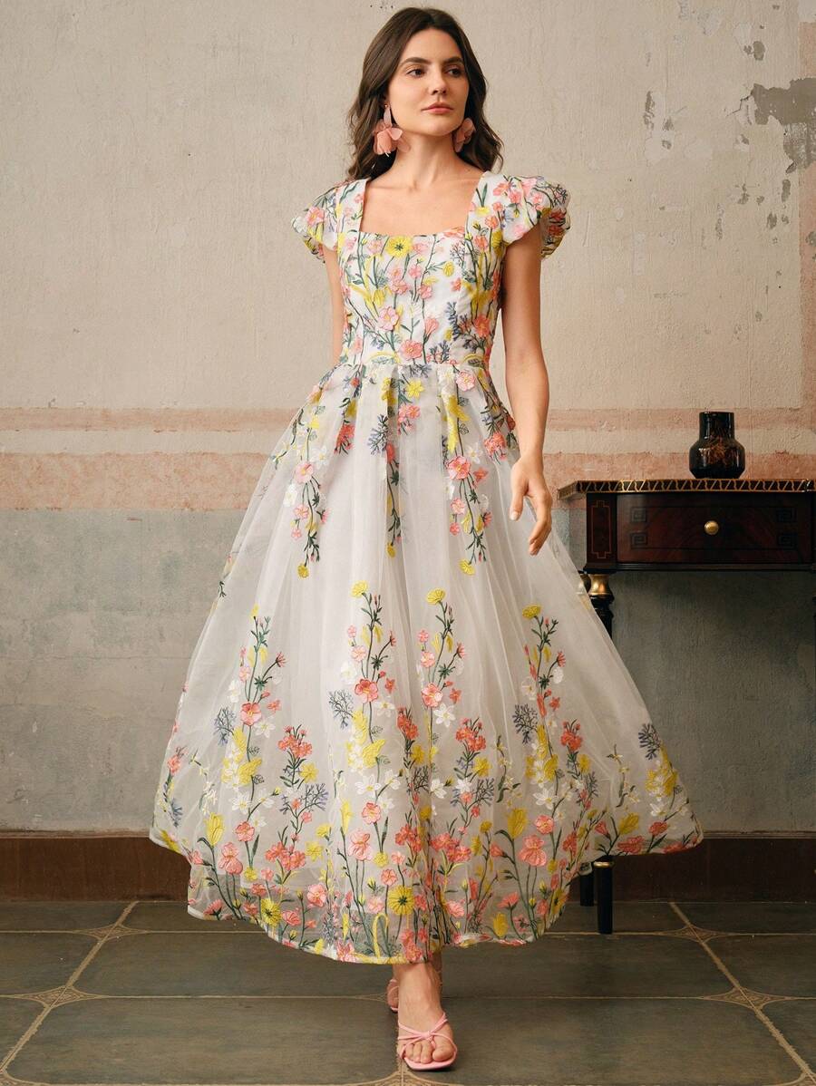 Anewsta Elegant Floral Embroidered Dress, Romantic Long Gown, Summer New Years Outfit | SHEIN USA
