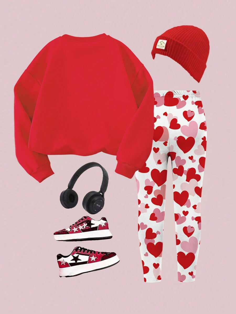 Young Girl Casual Heart Pattern Long Sweatshirt And Leggings 2 Pieces ...