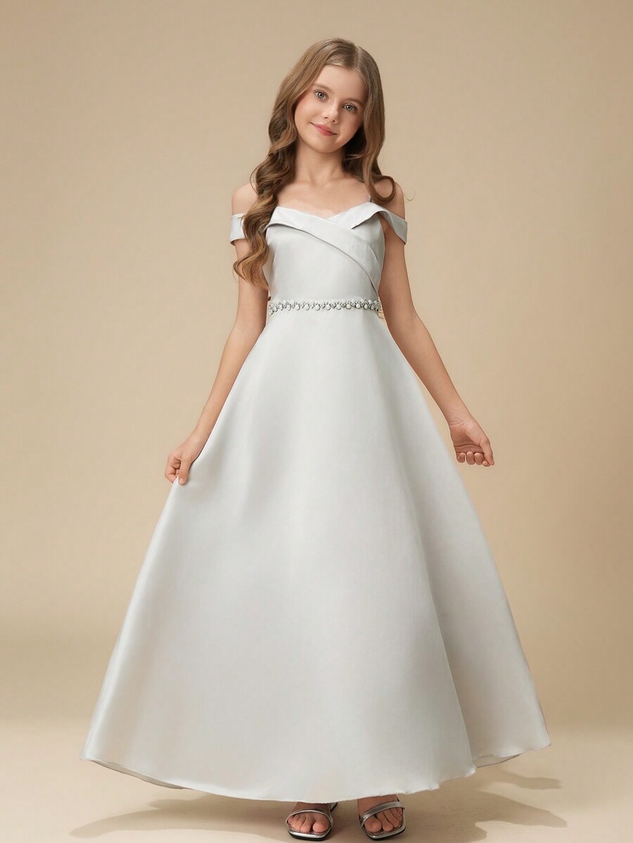 Tween Girl Off Shoulder Satin Beaded Dress, Elegant Sleeveless Formal ...