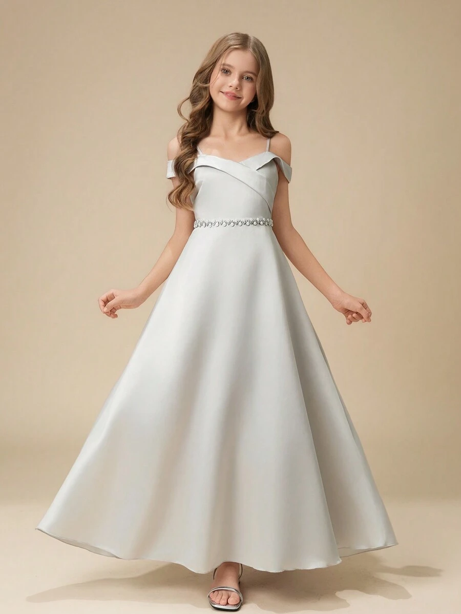 Tween Girl Off Shoulder Satin Beaded Dress, Elegant Sleeveless Formal ...