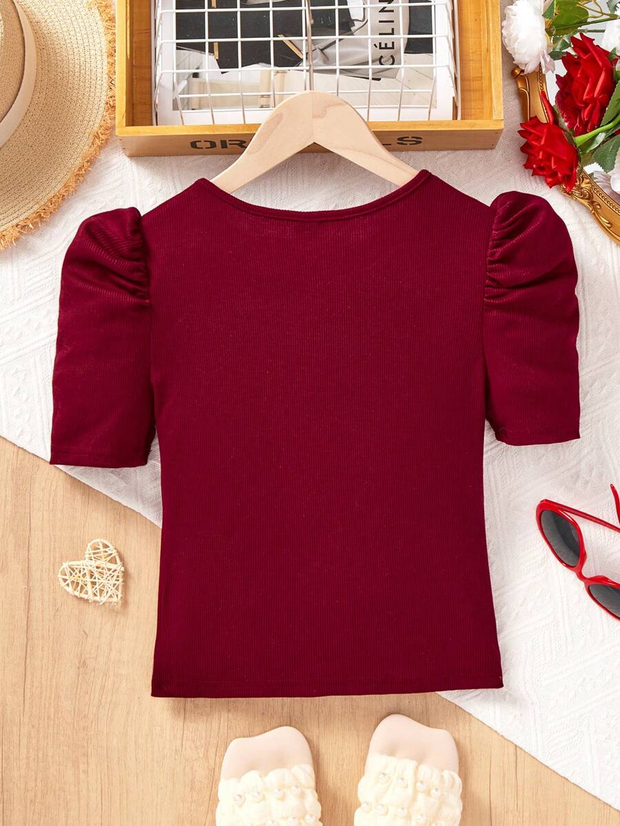 SHEIN Tween Girls Basic Solid Color Round Neck Short Sleeve Rhinestone ...