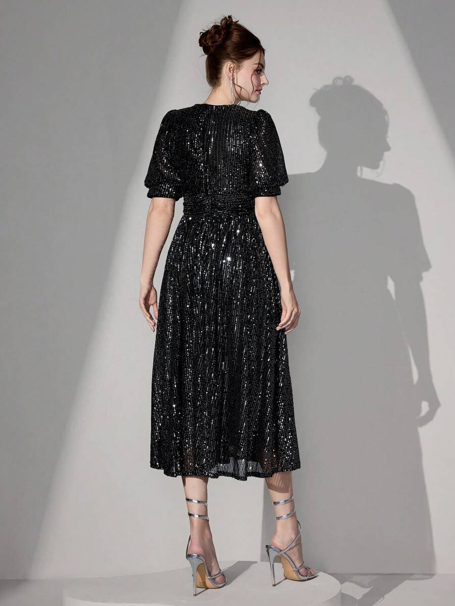 Poshira Shiny Sequined Evening Dress, Luxury Party Gown, Wedding Guest ...