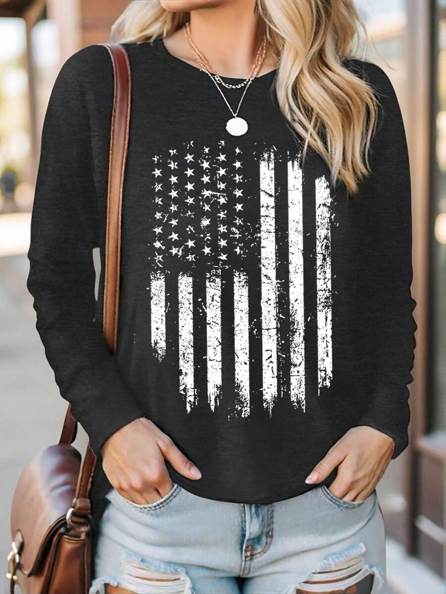 SHEIN LUNE American Flag Print Long Sleeve Casual Tee Graphic Tees ...