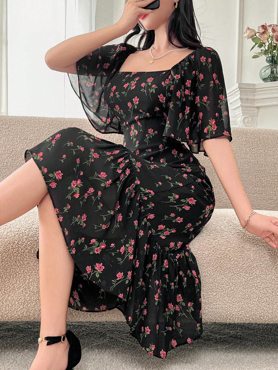 DAZY Women's Elegant Floral Chiffon Ruffle Collar Fish Tail Midi Dress, Summer,Milkmaid Dress ...