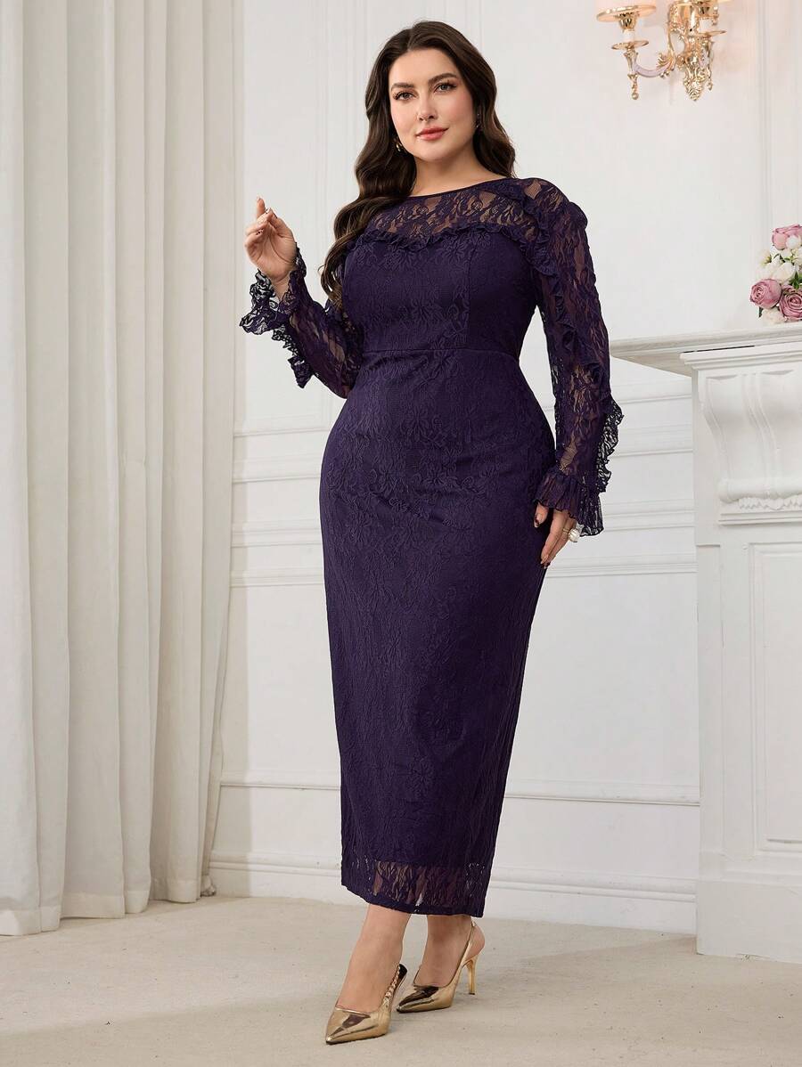 SHEIN Modely Plus Size Elegant Solid Color Lace Ruffle Hem Dress ...
