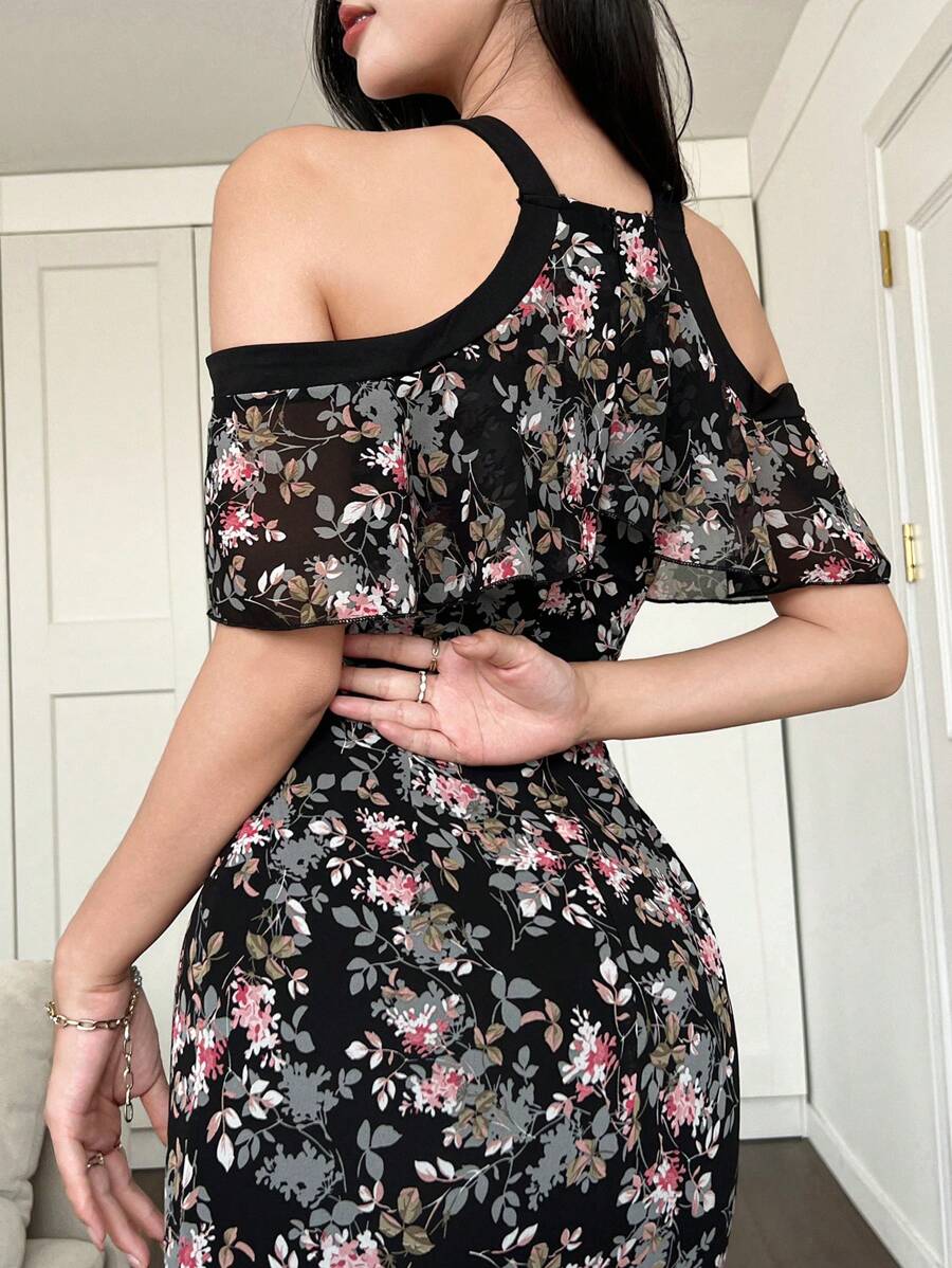 DAZY Ditsy Floral V-Neck Open Shoulder Mid-Length Dress For Women, Elegant | SHEIN USA