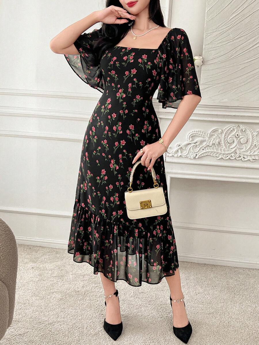 DAZY Women's Elegant Floral Chiffon Ruffle Collar Fish Tail Midi Dress, Summer,Milkmaid Dress ...