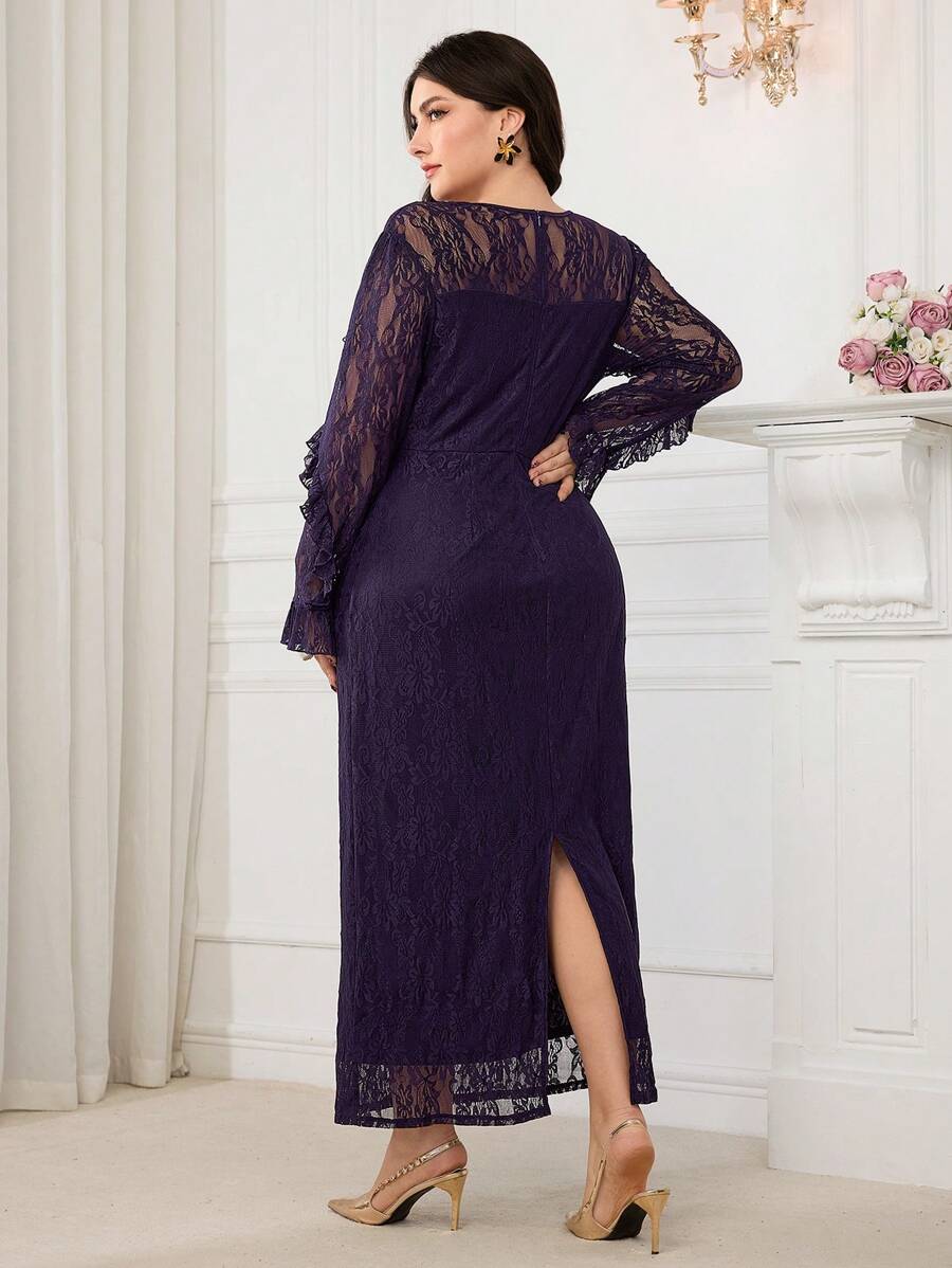 SHEIN Modely Plus Size Elegant Solid Color Lace Ruffle Hem Dress ...