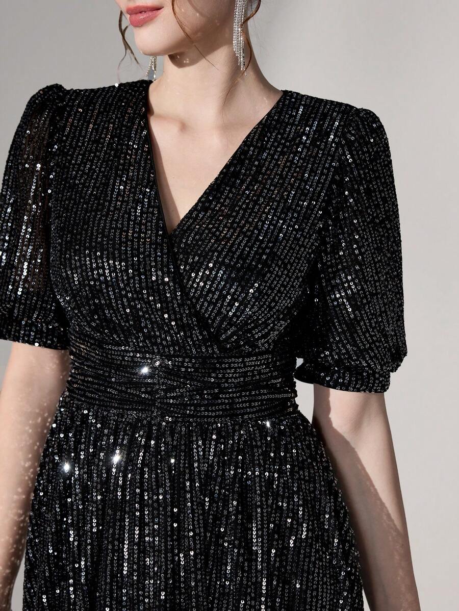 Poshira Shiny Sequined Evening Dress, Luxury Party Gown, Wedding Guest ...