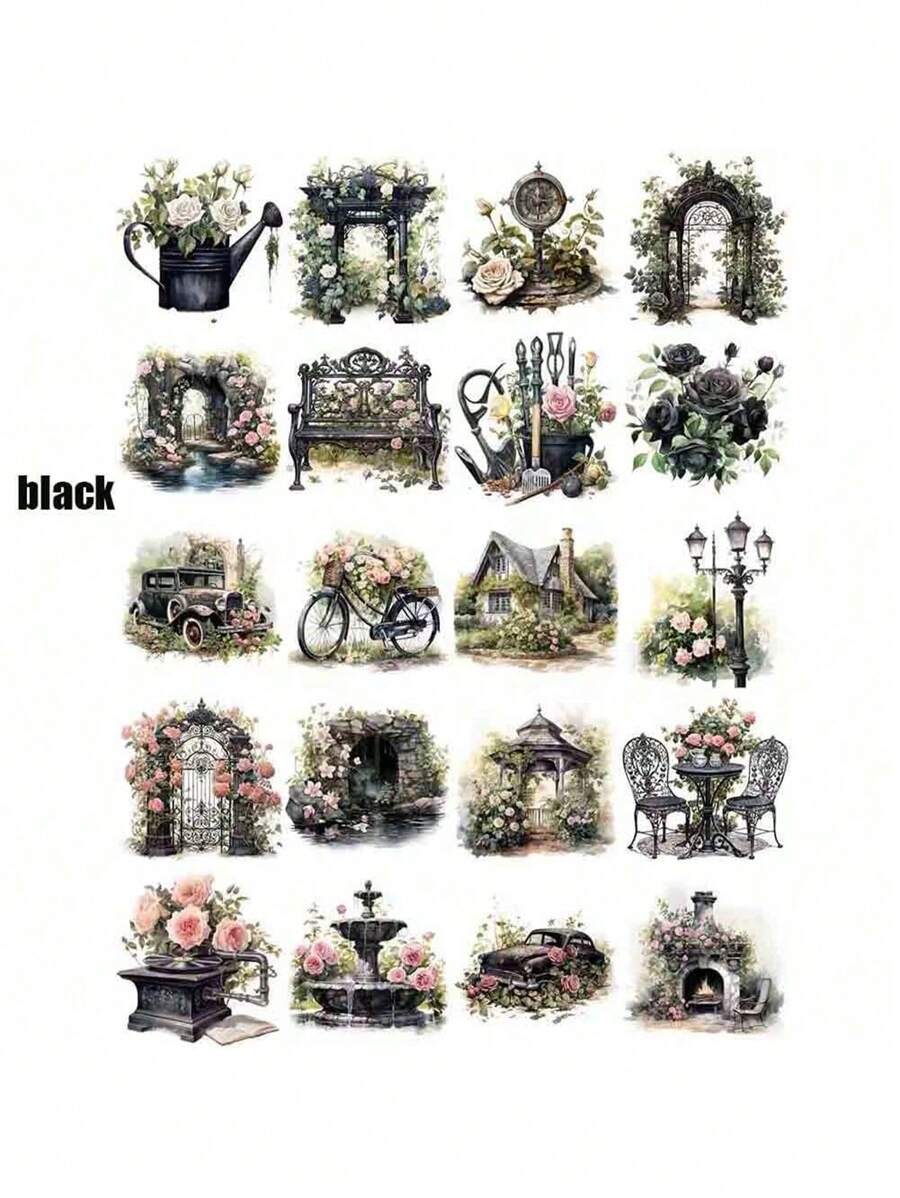 Vintage Style Deco Sticker Collection Of Black Rose Garden For Diy ...