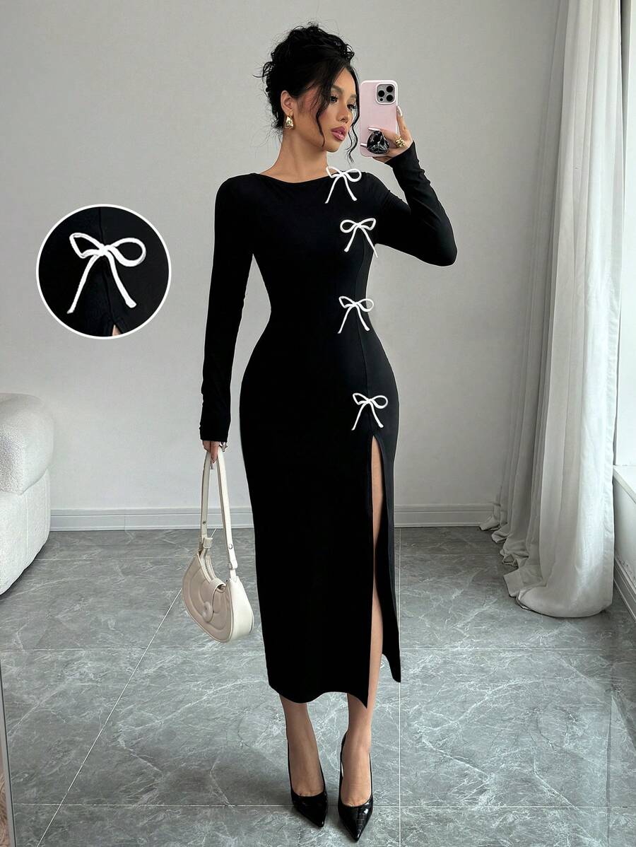 SHEIN PETITE レディース カジュアル エレガント コントラストカラー リボンタイ スリットヘムドレス | #SHEINfashionweek