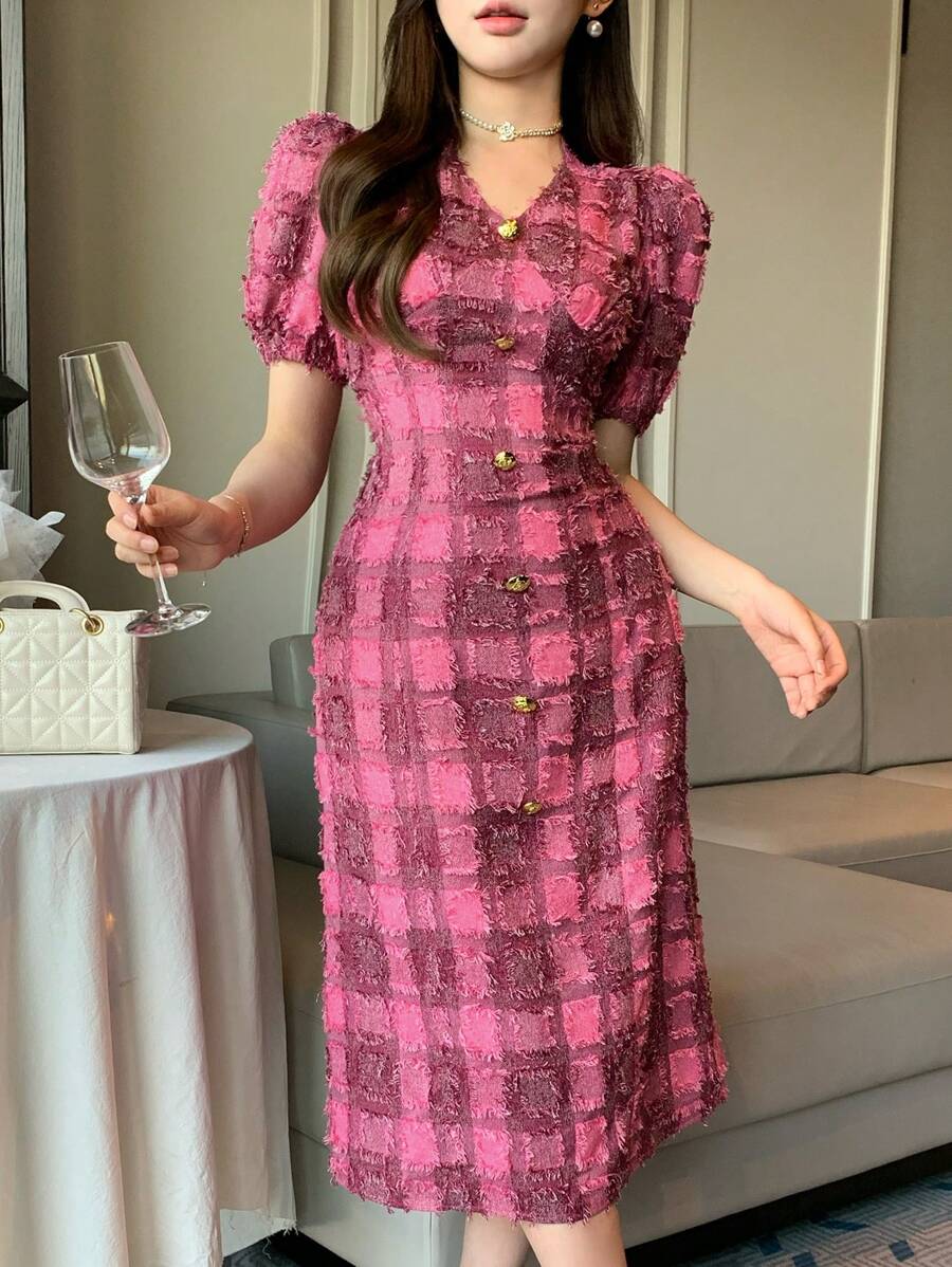 DAZY Plaid V-Neck Textured Puff Sleeve Midi Dress For Women Prom Dress ...